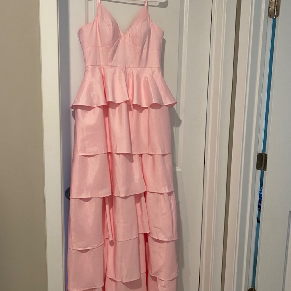 Pink Satin Tiered Long Prom Dress - Gem